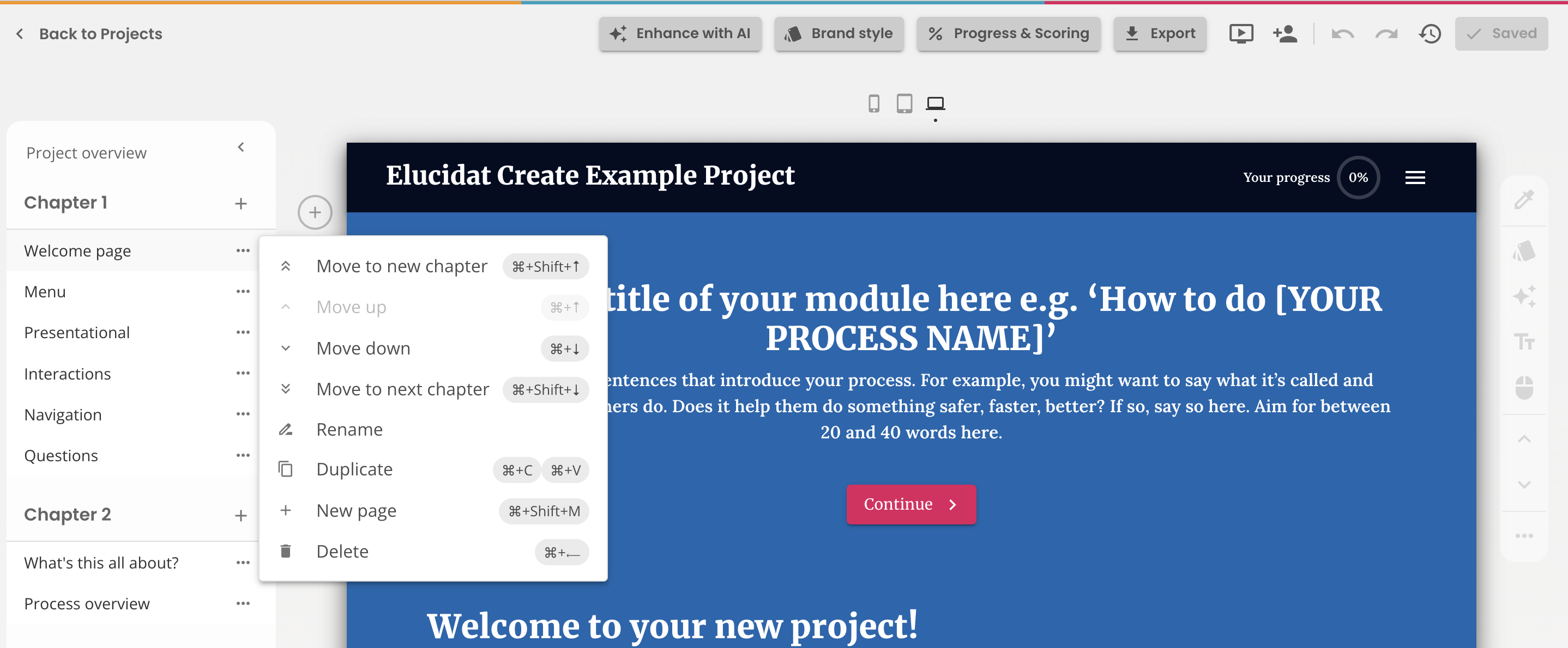 Managing pages with the Project overview menu – Elucidat Create Help Center