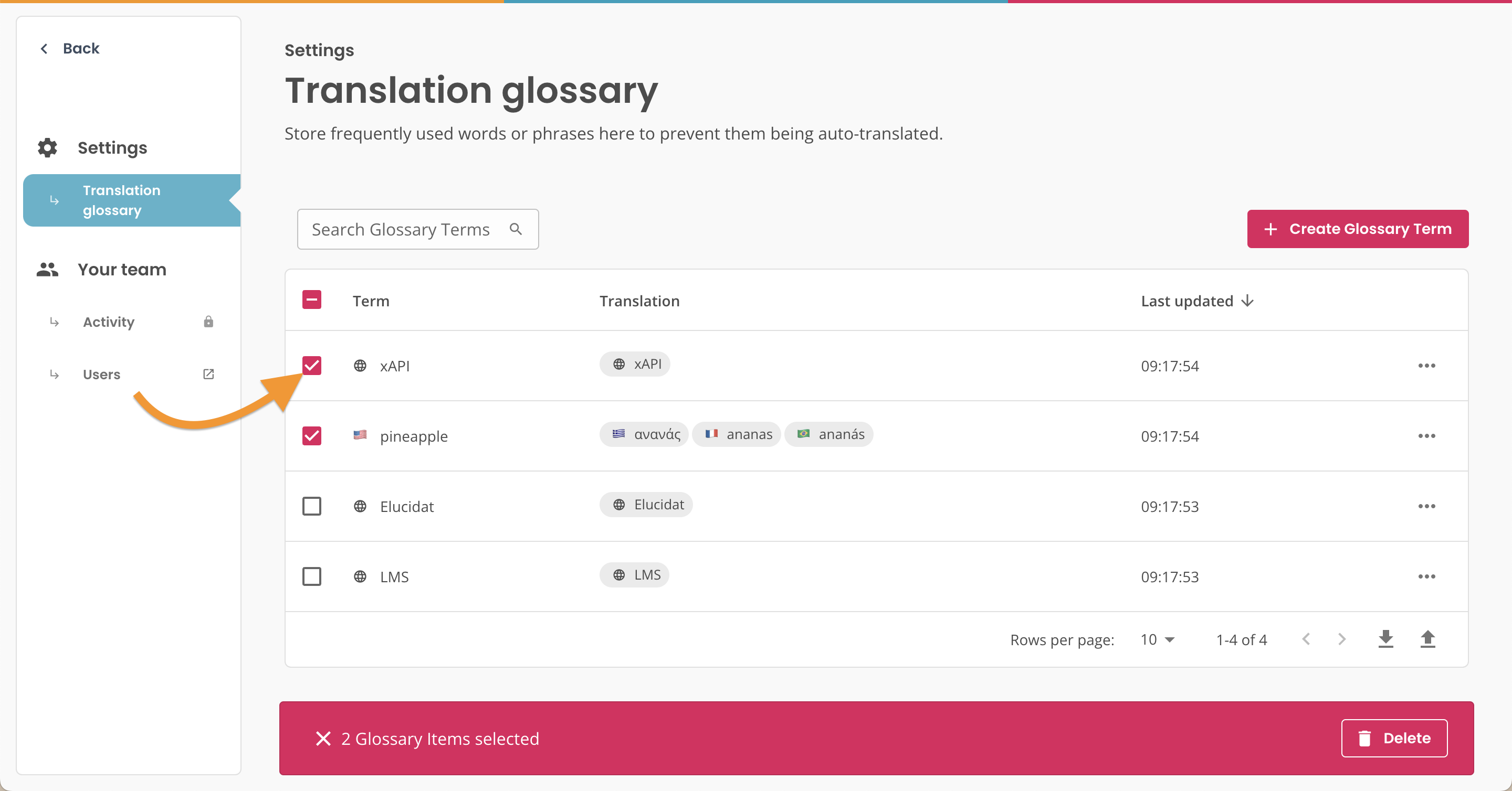 Removing terms from your Translation Glossary – Elucidat Create Help Center