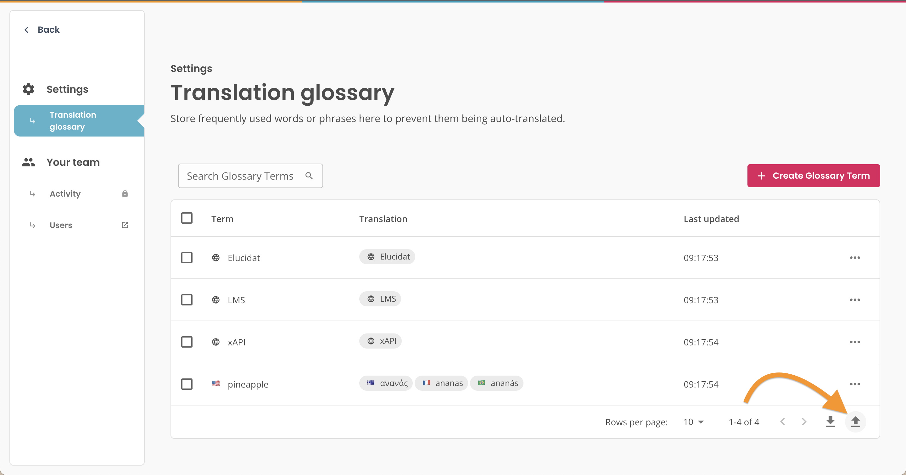 Importing and exporting your Translation Glossary in CSV format – Elucidat Create Help Center